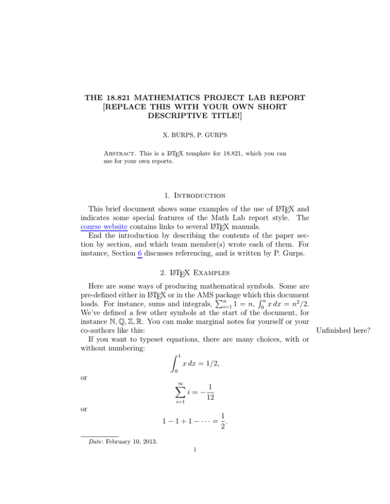 18.821 Mathematics Project Lab Report The [Replace with regard to Latex ...
