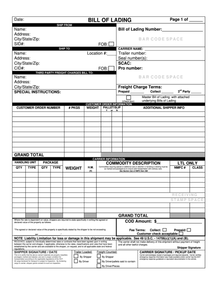 Bill Of Lading Form – Fill Online, Printable, Fillable throughout Blank ...