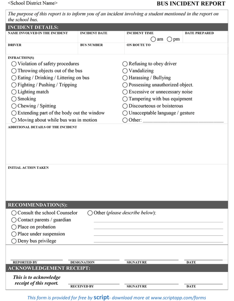 Bus Incident Report Form – Script in School Incident Report Template ...
