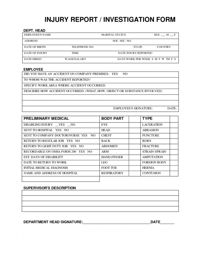 Editable Injury Report Form Format First Aid Example Sports with Injury ...
