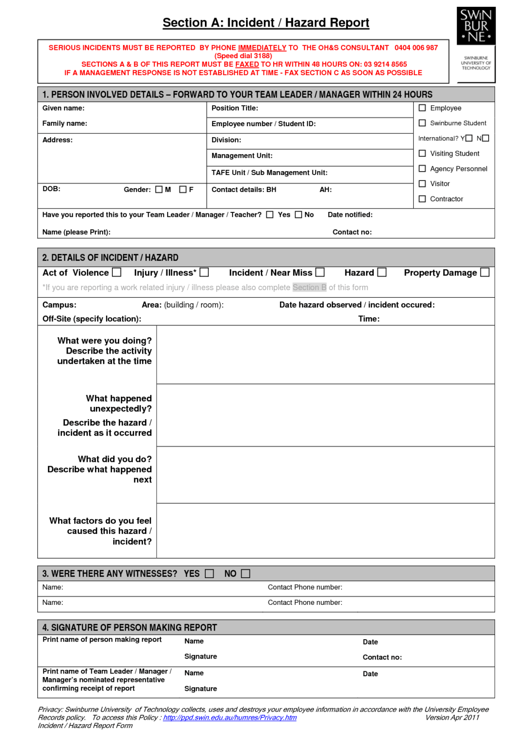 Hazard Incident Report Form Template – Business Template Ideas for ...