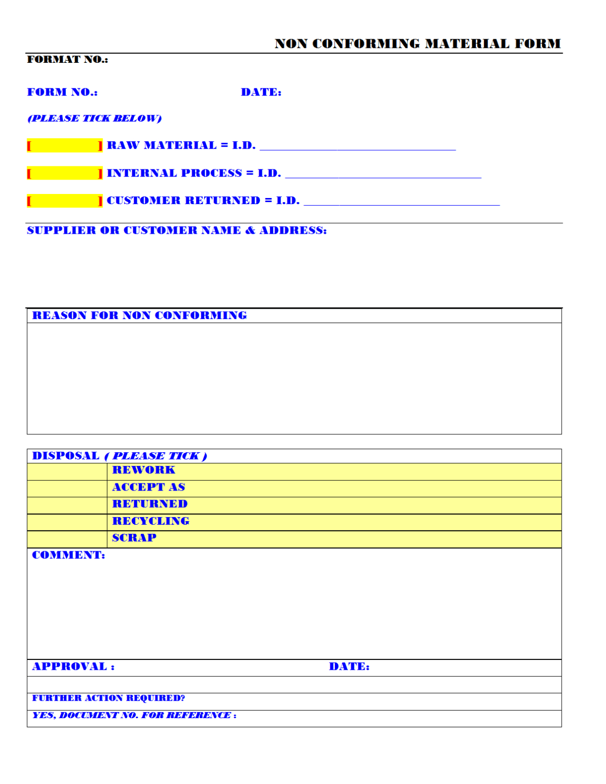 Non Conforming Material Form – with Non Conformance Report Form ...
