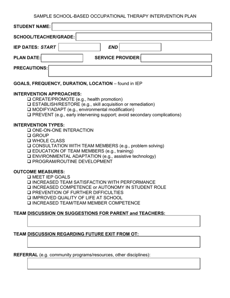 Sample School-Based Occupational Therapy Intervention Plan inside ...