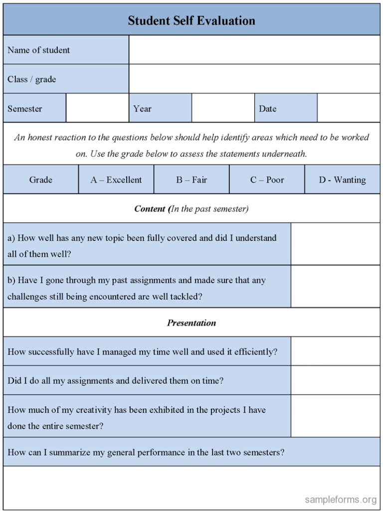 Student Self Evaluation Form : Sample Forms throughout Student Feedback ...