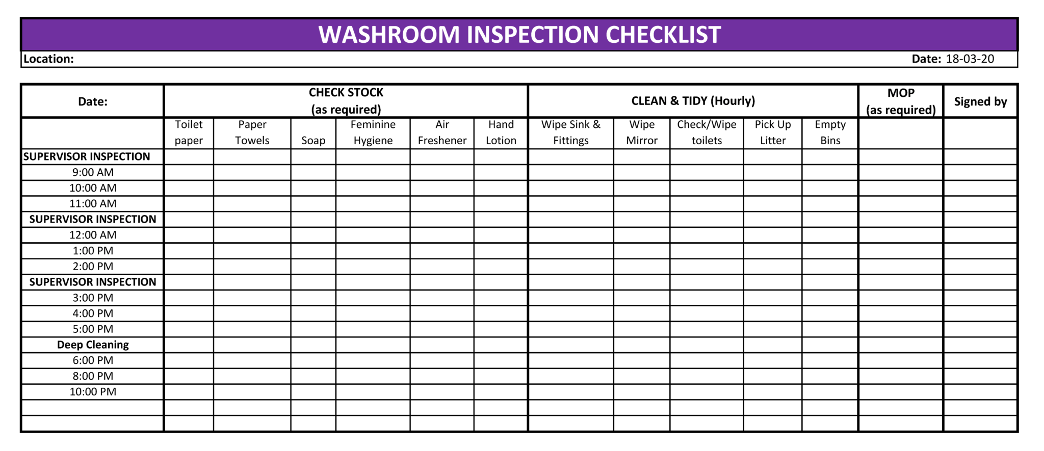 Toilet Cleaning Checklist Excel | Templates At for Blank Cleaning ...