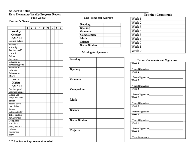 Weekly Student Progress Report Elementary | Templates At for School ...